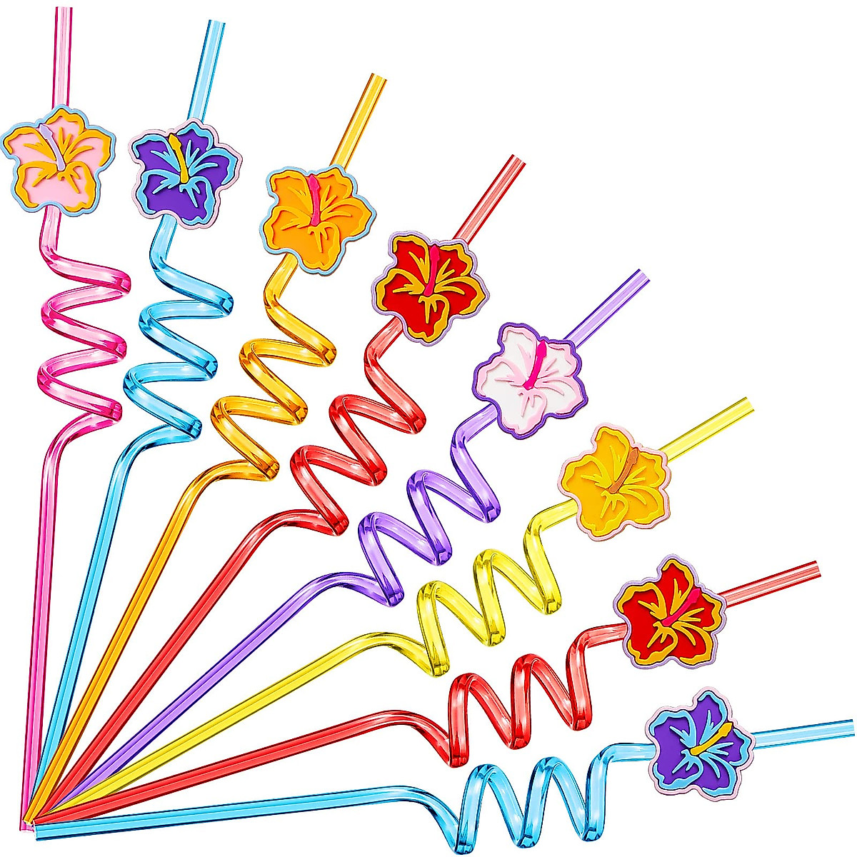 24 Pcs Hibiscus Flower Bendable Straws Flower Drinking Straws Plastic Hibiscus Flower Straws Flower Party Favors for Kids Boys Girls Spring Summer Hawaiian Beach Birthday Supplies, 6 Colors