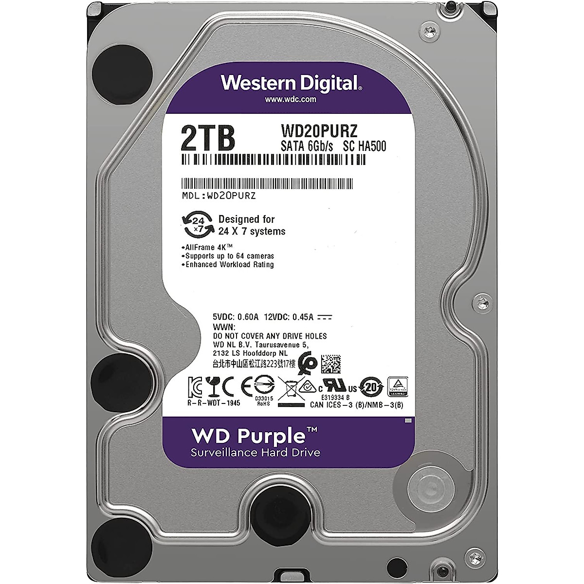 Western Digital 2TB WD Purple Surveillance Internal Hard Drive HDD - SATA 6 Gb/s, 64 MB Cache, 3.5" - WD20PURZ (Renewed)