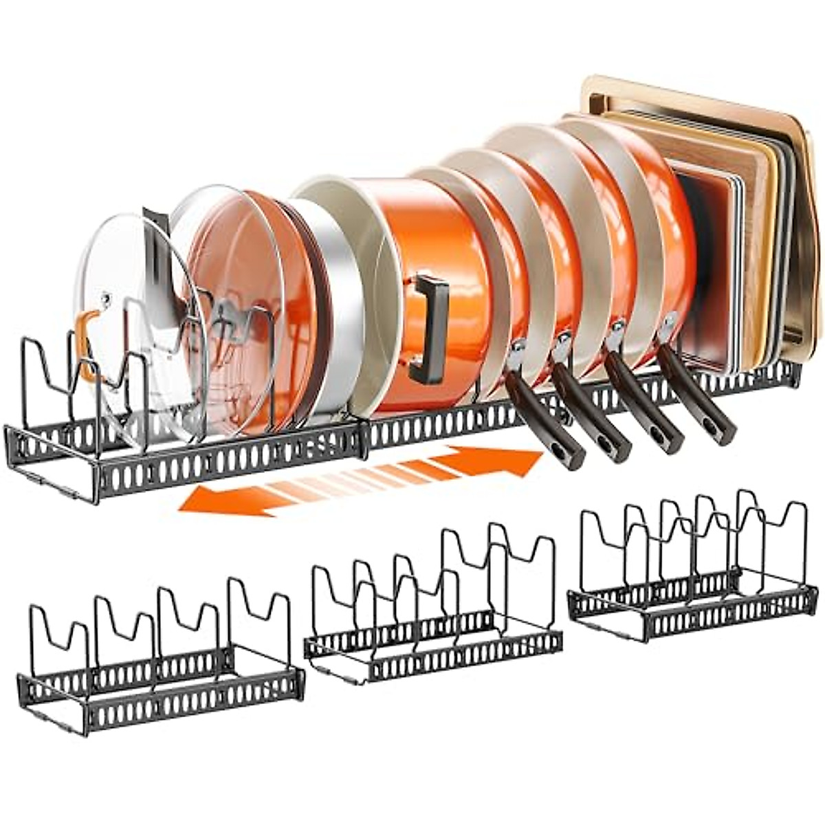 MonaSixy Pots and Pans Organizer Under Cabinet,Expandable Pan Organizers Inside Cabinet, 3 Methods 14 Adjustable Divider, 3-Pack Pot Lid Rack Holder Kitchen Storage for Cookware, Baking Sheet