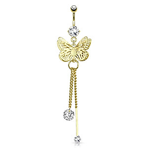 Butterfly Wings overlapped and CZ Attached to Chain String Dangle 4Kt Gold Plated Belly Button Ring