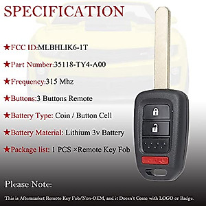 Key Fob Remote Replacement Fits for Honda Fit 2015 2016 2017 2018 2019 2020/Crosstour 2013-2015/CR-V 2014-2016 MLBHLIK6-1T Keyless Entry Remote Control 35118-TY4-A00(Pack of 1)