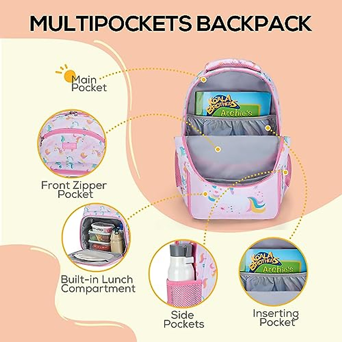 mommore 2-in-1 Kids Backpack, Insulated Lunch Compartment Unicorn Toddler Backpack Kindergarten Preschool Bookbag for Girls, Lightweight Daycare Backpack with Chest Strap, Pink