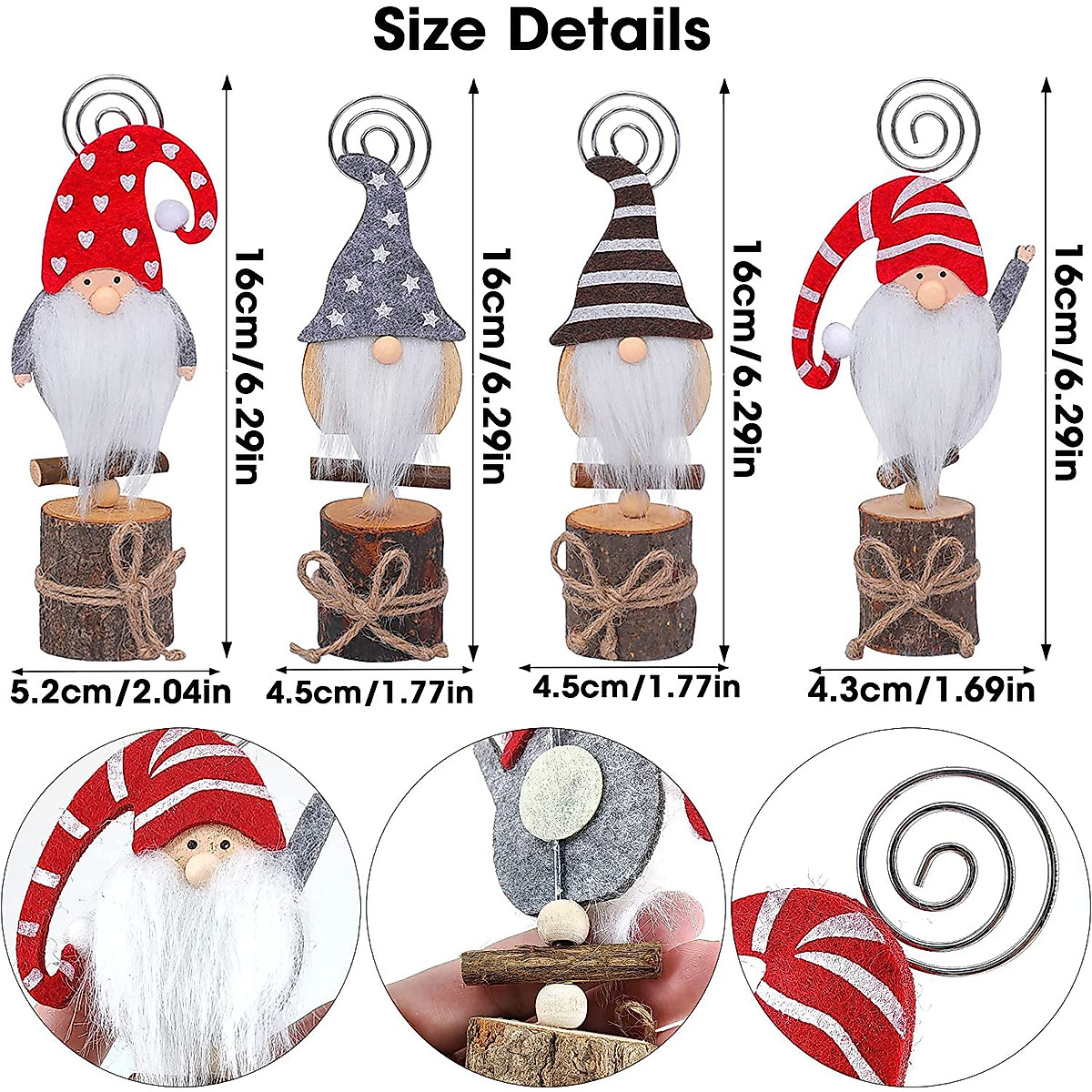 VAIIEYO 4Pcs Christmas Decoration Card Holders, Wooden Base Place Card Holders, Iron Wire Picture Picks Clip Holder Picture Memo Note Photo Clip for Xmas Party, Table Decoration, Wedding, Office