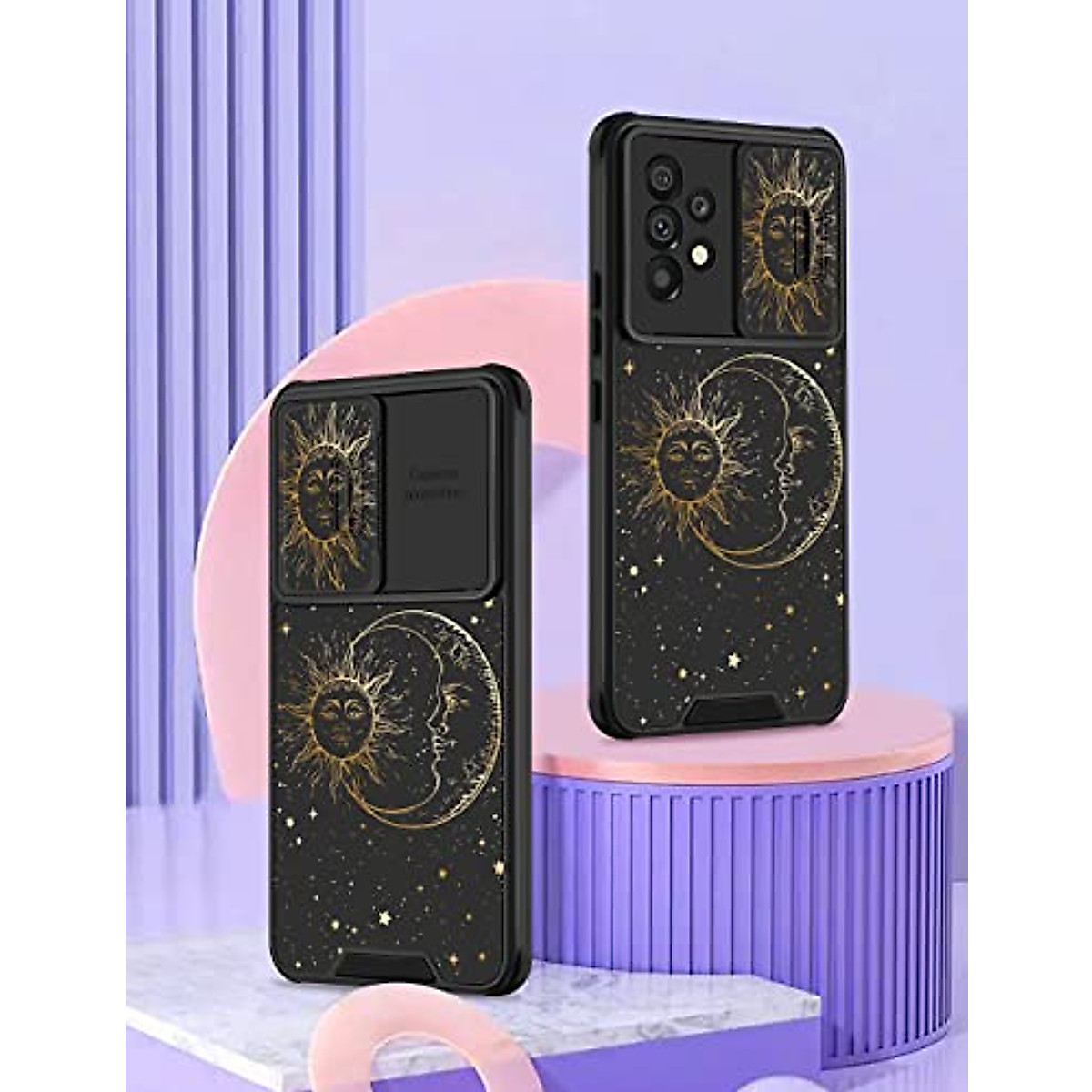 Goocrux for Samsung Galaxy A53 5G Case Sun and Moon Stars for Girls Women Cute Space Girly Phone Cover Fashion Gold Print Unique Design with Slide Camera Cover Aesthetic Cases for Galaxy A53 6.5''