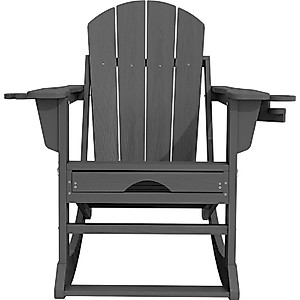 KINGYES Folding Adirondack Rocking Chair with Retractable Ottoman and Cup Holders, 4-in-1 Multifunctional HDPE Adirondack Chair for Porch, Patio, Balcony, Leaden Grey