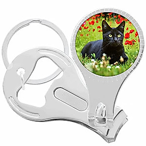 Black Cat and Flowers Nail Clippers Plus Bottle Opener Keychain