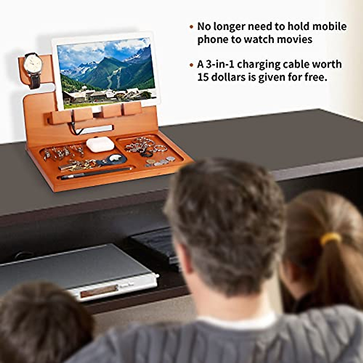 Wood Phone Docking Station - Gift for Men / Dad, Birthday Gifts for Men, Nightstand Organizer for Husband, Bedside Wallet Stand Watch Organizer for Father, Mens Gifts Ideas, Men Gadgets