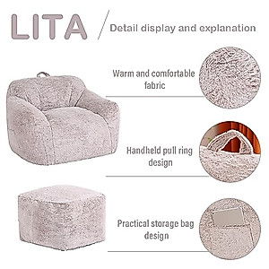 LITA Bean Bag Chair with Ottoman, Fur Faux Armrests Accent Chair High-Density Foam Filled Giant Lazy BeanBag Sofa with Pocket & Foot Stool for Living Room, Bedroom, Coffee