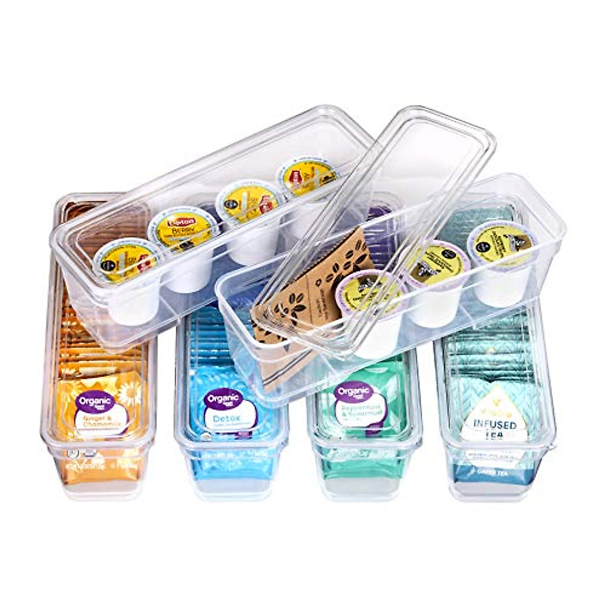 AB Designs Bin Pack, [6] Long Home Organizer Storage Boxes with Lids, Translucent Clear