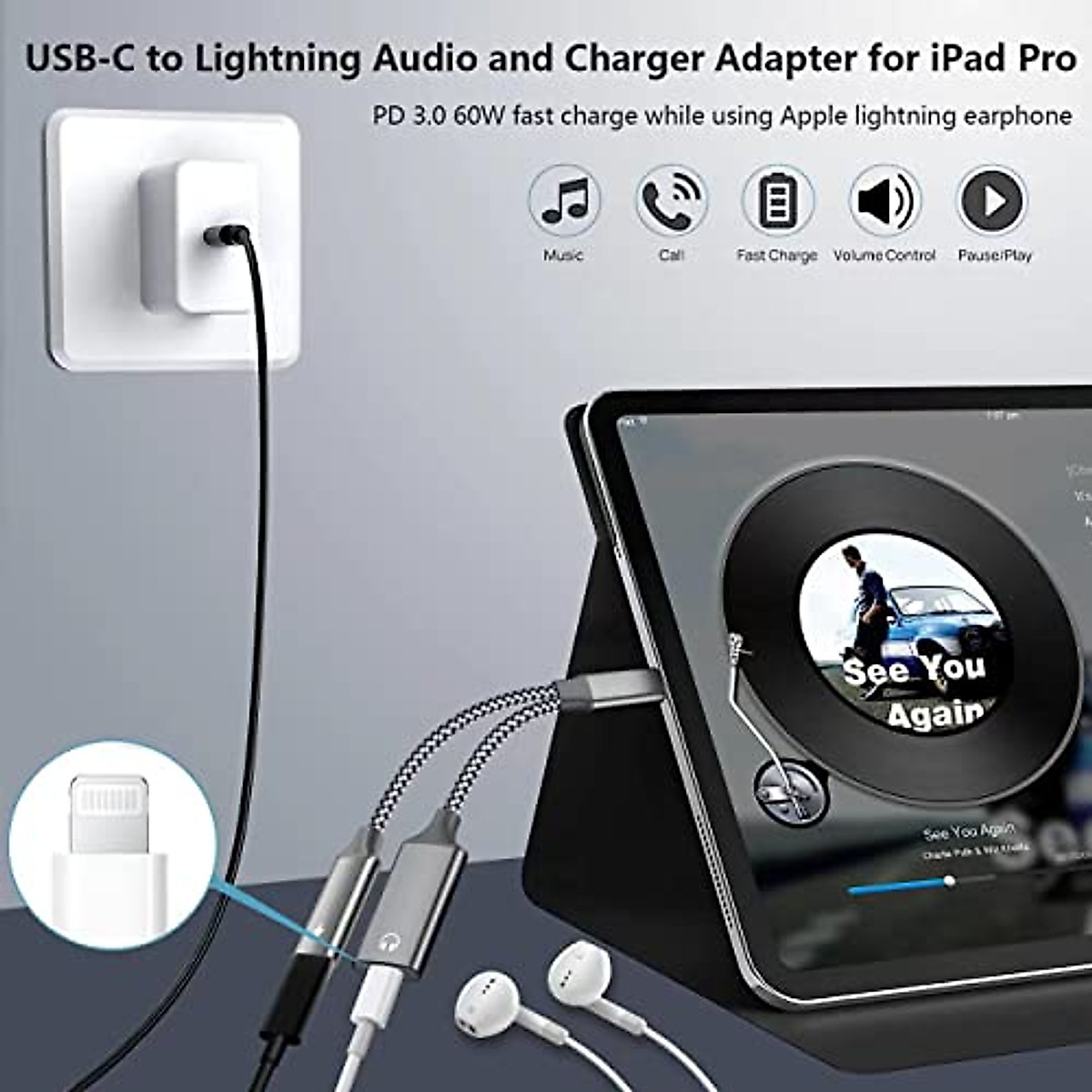 USB C to Lightning Audio Adapter, USB Type C Male to Lightning Female Headphone Converter & PD 60W Charging Dongle Compatible with iPad Pro, iPad Air 2022/2020, MacBook Pro/Air, Galaxy S23 Ultra/S22