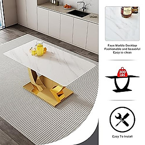 Goderfuu Glass Dining Table for 6 People, 63 inch Modern Kitchen Table with Gold Metal U-Base, White Marble Textured Glass Dining Table Pedestal Dinner Table, Faux Marble Dining Table for Dining Room