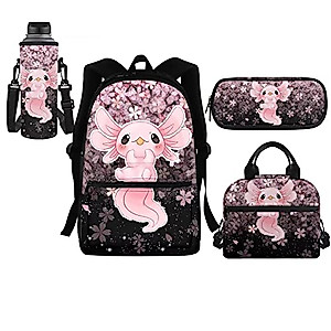 HELLHERO Axolotl Backpack for Kids Girls School Bag Age 7 8-10 10-12 12-14 13-15 Cherry Blossom Lunch Bag Preschool Elementary Schoolbag Bookbag with Pencil Case Water Bottle Sleeve