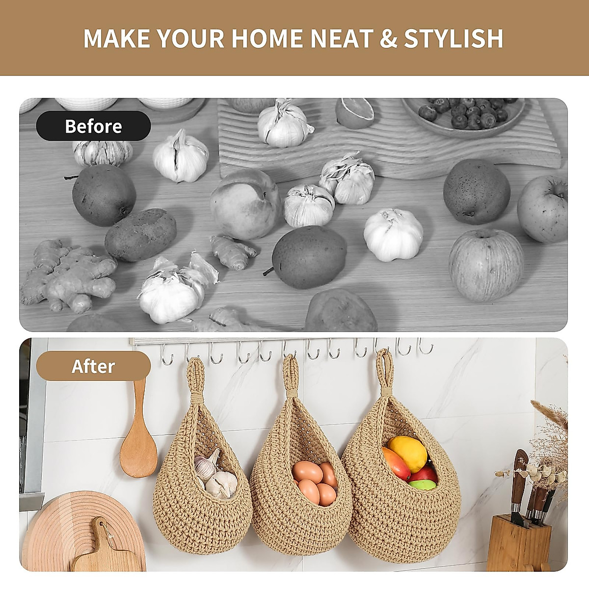 INJORAN Boho Wall Hanging Fruit Baskets for Kitchen 3 Pack Woven Produce Holder with 6 Pcs Strong Hooks Vegetable Hanging Basket for Organizing Teardrop Home Wall Potato Onion Storage, Linen