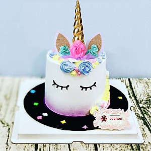 coonoe, Unicorn Cake Topper,Handmade Party Cake Decoration Supplies with Eyelashes and stack,Reuasble Gold Horn for Birthday Party,Baby Shower, Wedding