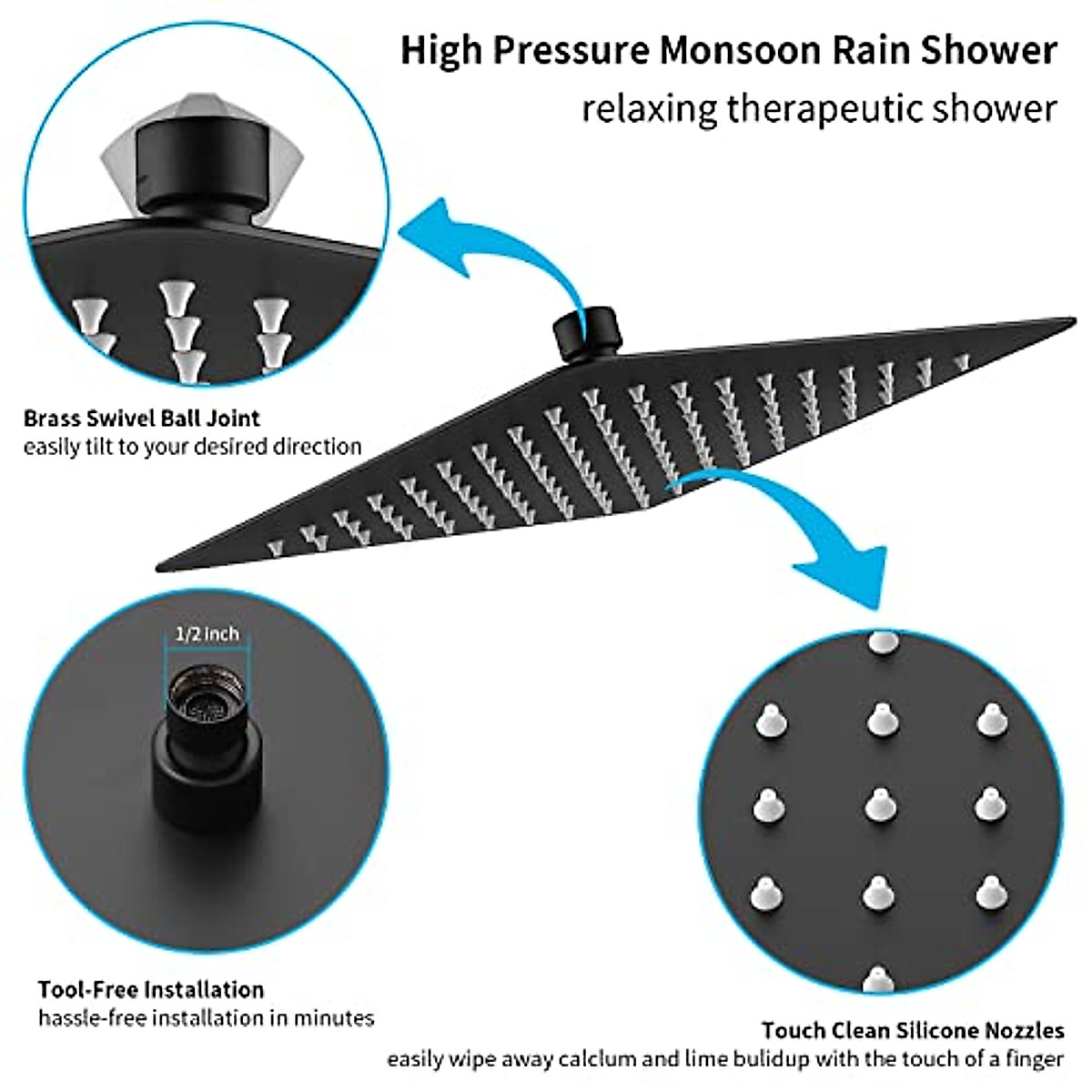 GELE Rainfall Shower Head, 10 Inch High Pressure Shower Head, Ultra -thin Matte Black Shower Head Without Shower Arm, Stainless steel
