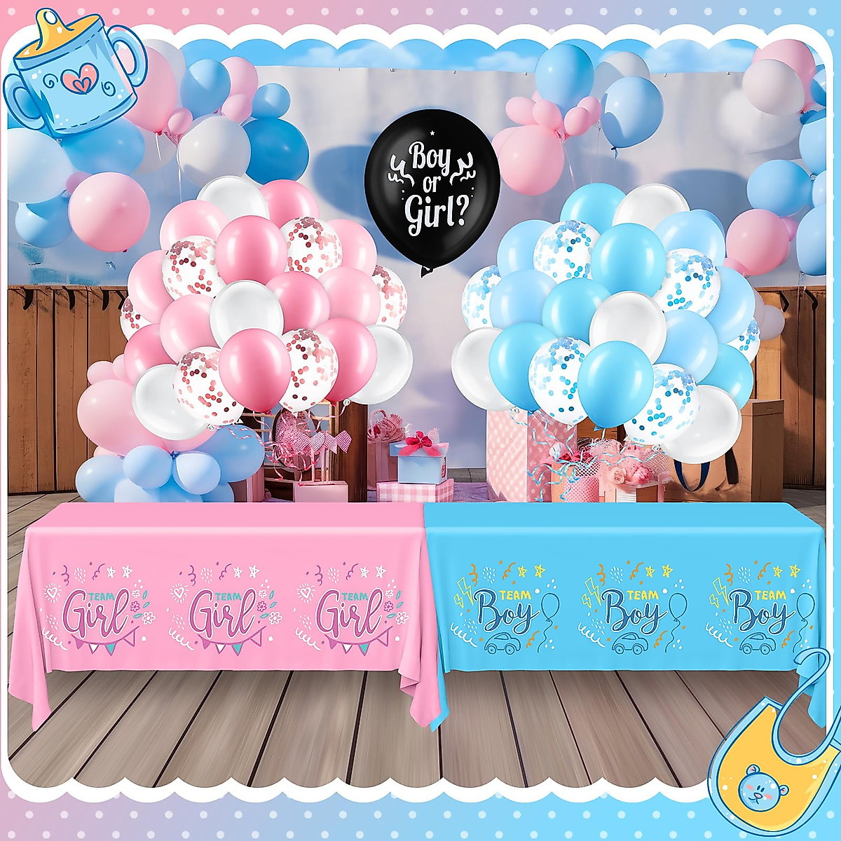 Panelee 51 Pcs Gender Reveal Party Decorations 54'' x 108'' Disposable Tablecloth 12'' Pink Blue White Latex Balloons 18'' Black Boy or Girl Balloons with 16.4ft Blue and Pink Ribbon for Party
