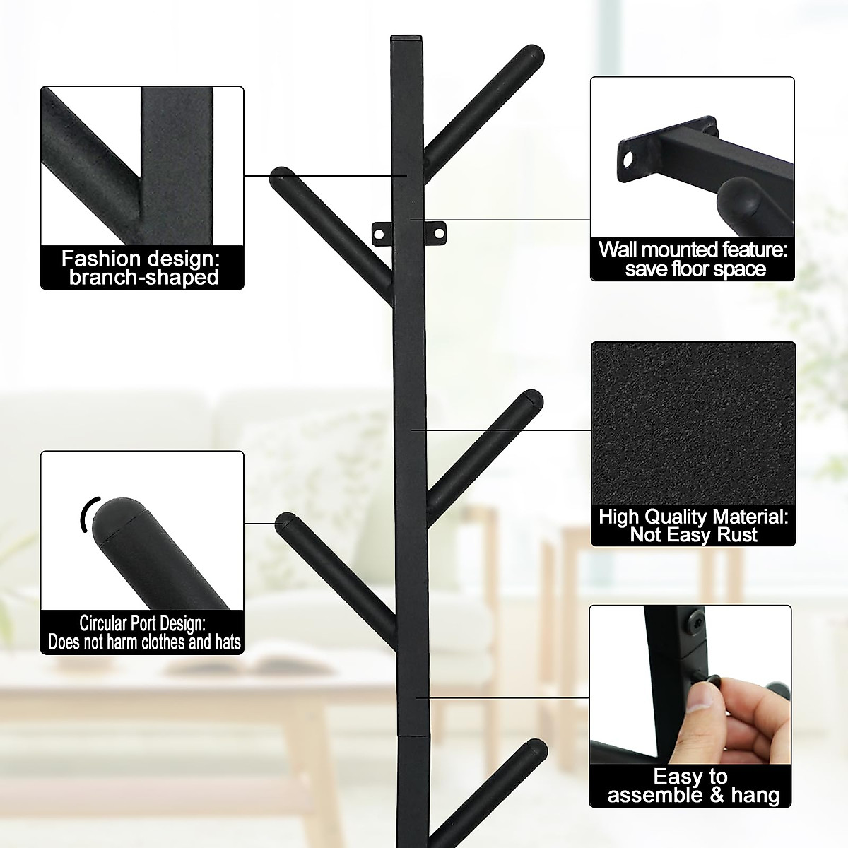 Sinytar Black Coat Rack Wall Mount Set of 2, Hat Rack for Wall, Modern Design Floating Coat Rack, Coat Tree for Clothes, Scarves, Bags, Caps, Metal Vertical Hooks for Living Room, Bedroom, Entryway