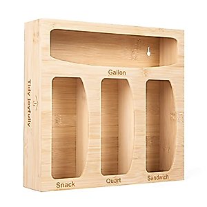 Bamboo Ziplock Bag Storage Organizer for Drawer and Wall-Mount; Gallon, Quart, Sandwich and Snack Plastic Bag Organizer; 4 Compartment Kitchen Drawer Organization and Storage for Baggies