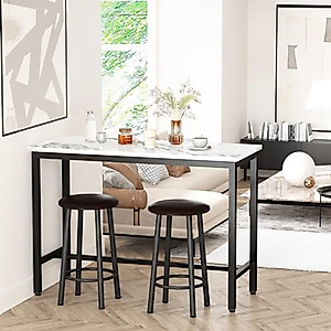 Lamerge 47.2" Bar Table Set of 2,Faux Marble Table Top,PU Leather Stools,3 Piece Pub Height Table Set,Dining Table Set,for Kitchen,Living Room,Nook,Bar,White&Brown