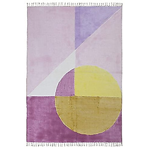 Casavani Hand Block Printed Cotton Dhurrie Geometric Pink & Yellow Tassel Rug Easy Care Washable Rugs for Doormat Entryway Living Room Bedroom Hallway Balcony 7x10 Feet