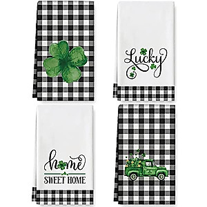 AnyDesign St. Patrick's Day Kitchen Dish Towels 18 x 28 White Black Buffalo Plaids Dishcloth Lucky Shamrock Clover Truck Drying Cloth Tea Towel Irish Decorative Hand Towel for Cooking Baking, 4 Pack
