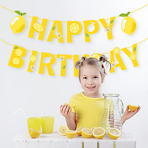 BHNACIER Lemon Banner Lemon Happy Birthday Banner Lemonade Birthday Party Banner Lemon Party Decoration Lemonade Happy Birthday Sign for Summer Fruit Birthday Party Lemon Theme Bridal Shower Supplies