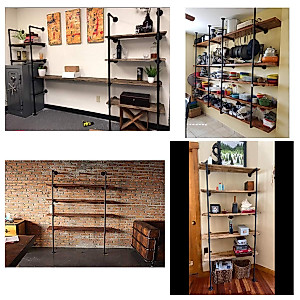 5 tier Industrial Wall Mount Iron Pipe Shelf Shelving Bracket Vintage Retro Ceiling Hung shelf DIY Open Bookshelf Storage for office Room Kitchen (2PcsX5Tier,70" Tall,12"deep,Hardware Only)