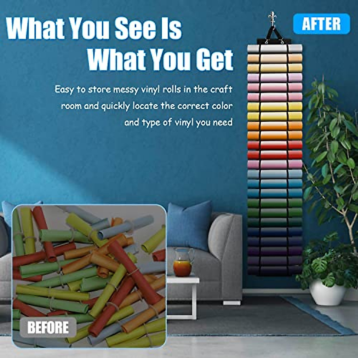 Pamacro Vinyl Roll Holder with 48 Compartments, Premium Vinyl Storage Organizer Rack Wall Mount/Hanging Over The Door, Craft Vinyl Roll Storage with Upgrade Door Hooks and Strap for Craft Room(Black)