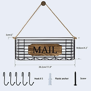 SRIWATANA Mail Holder, Rustic Mail Organizer Wall Mount Hanging Mail Sorter Letter Basket with 5 Key Holder for Wall, Large, Carbonized Black
