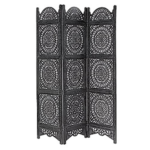 Deco 79 Wood Floral Handmade Hinged Foldable Partition 3 Panel Room Divider Screen with Intricately Carved Designs, 60" x 1" x 72", Black