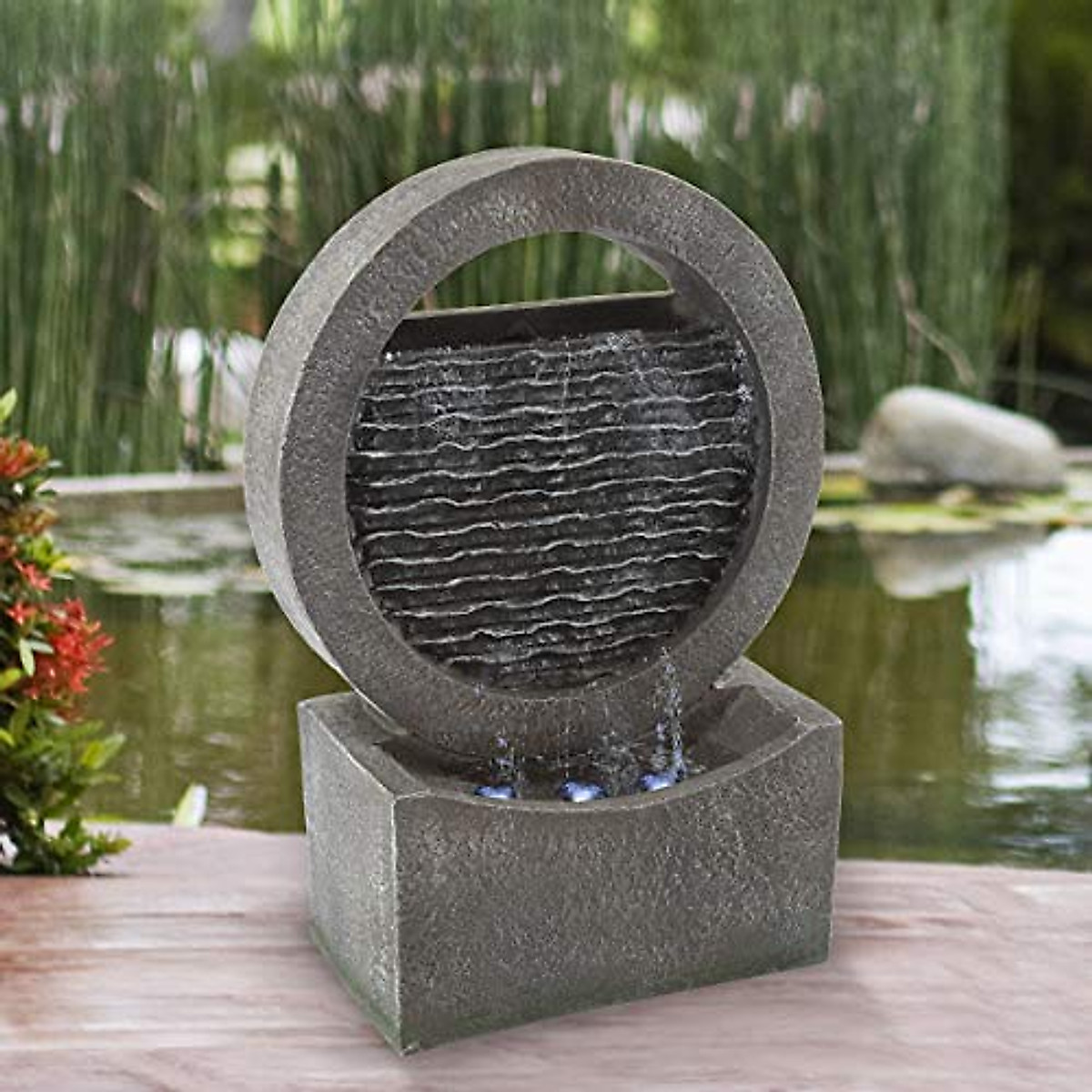 Round Cascade Outdoor Fountain - 18.5-Inch Modern Polyresin Waterfall with Stone Wall Design and LED Lights for Outdoor Decor by Pure Garden (Gray)