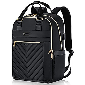 Liokesa Black Backpack for Women, School Backpack for Teen Girls, 15.6 Inch Quilted Backpack Purse with USB Port, Work Business Teacher Student Computer Bag, College Bookbags Casual Daypacks, Black