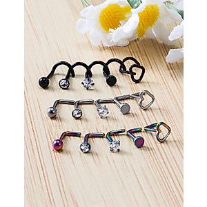 Kridzisw 18g Nose Rings Studs Hoops Piercing Jewelry 316L Stainless Surgical Steel L Shaped Screw Spiral Twist Hypoallergenic Heart Cute Nostril Ring Hoop for women Men Diamond 2mm 8mm