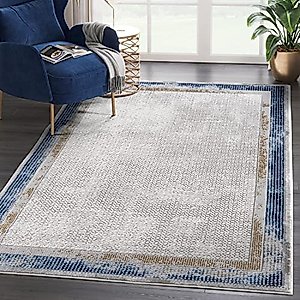 Abani Solid Grey Rugs Geometric Pattern 4'x6' Bedroom Rug - Modern Design Blue Border No-Shedding Premium Area Rug