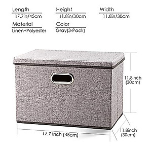 PRANDOM Large Collapsible Storage Bins with Lids [3-Pack] Linen Fabric Foldable Storage Boxes Organizer Containers Baskets Cube with Cover for Home Bedroom Closet Office Nursery (17.7x11.8x11.8)