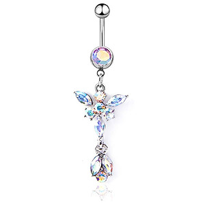 Shuning 5PCS 14G Stainless Steel Belly Button Rings for Women Turtle Elephant CZ Navel Rings Dangle Body Piercing Jewelry