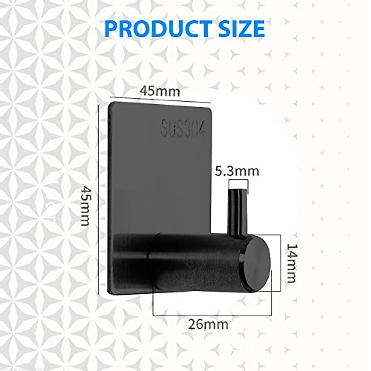 Panlogee 304 Stainless Adhesive Hooks ,Waterproof Adhesive Holder for Cloth，Towel,Bathroom,Kitchen(4pack) (Square-Shape Black)