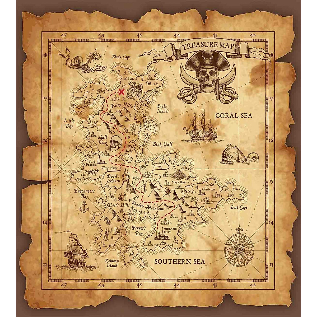 Ambesonne Island Map Duvet Cover Set, Super Detailed Treasure Map Grungy Rustic Pirates Gold Secret Sea History Theme, Decorative 3 Piece Bedding Set with 2 Pillow Shams, Queen Size, Beige Brown