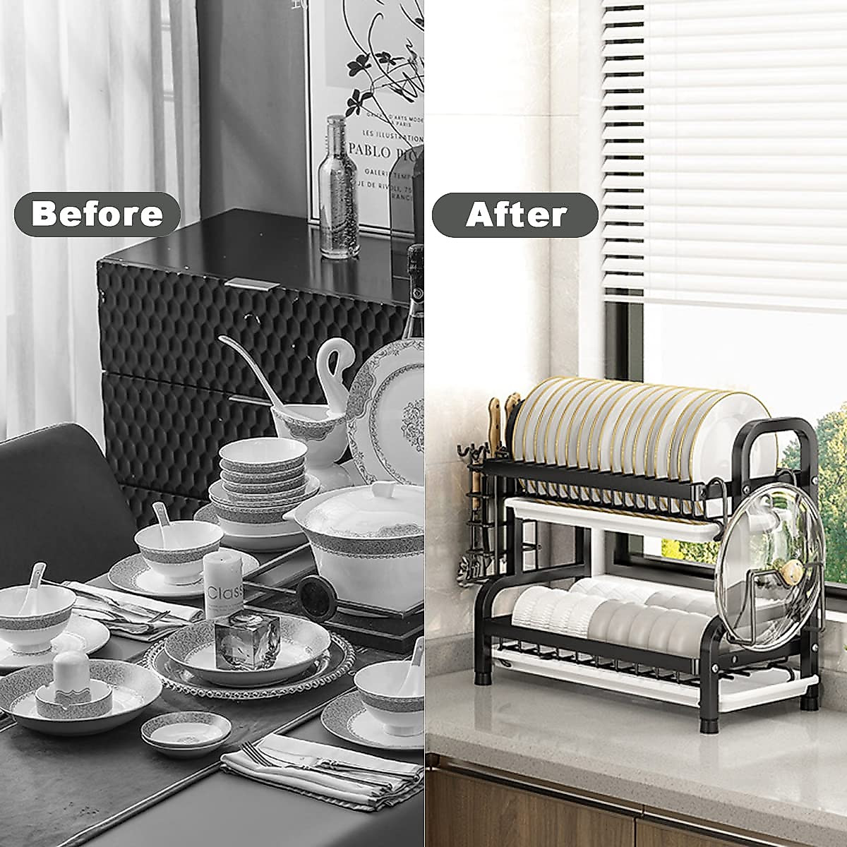 Dish Drying Rack, Rustproof 2-Tier Dish Rack -Multifunctional Dish Rack with Utensil Holder, Cutting Board Holder and Dish Drainer for Kitchen Counter (Black)