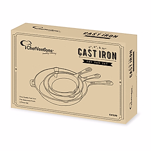 ChefVentions Pre-Seasoned Cast Iron Skillet 3-Piece Set (Size 6", 8", 10") Oven Safe Cookware - Indoor and Outdoor Use - Grill, Stovetop, Induction Safe