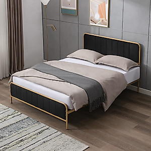 Mjkone California King Size Metal Platform Bed Frame with Dutch Velvet Headboard, Clearance Bed Frame Upholstered Headboard, Metal Strip Support, No Box Spring Needed, Black
