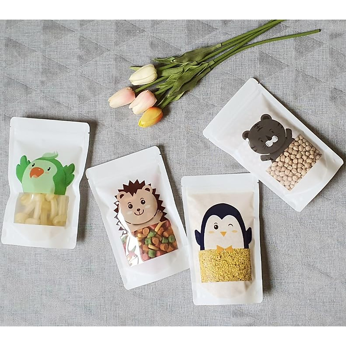 Cute Animal Goodies Bags | Reusable Stand Up Pouch with Clear Window | Zipper Closure | Resealable | Heat-Sealable | Great for Gift & Small Business (3 SIZE, 24, Count)