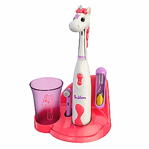 Brusheez Kids’ Electric Toothbrush Set - Safe & Effective for Ages 3+ - Parent Tested & Approved with Gentle Bristles, 2 Brush Heads, Rinse Cup, 2-Minute Timer, & Storage Base (Sparkle The Unicorn)