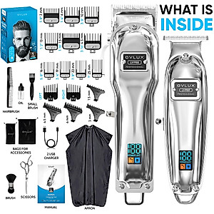 Full Metal Cordless Hair Clippers and Trimmer professional set for Men - Rechargeable Clippers for Hair Cutting, Beard T-Blade Trimmer for men, haircut machine for Self Cutting & Grooming Kit