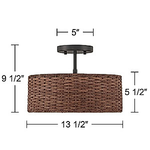 Possini Euro Design Hampton Modern Ceiling Light Semi Flush-Mount Fixture 13 1/4" Wide Soft Gold 2-Light Dark Weave Rattan Drum Shade for Bedroom Kitchen Living Room Hallway Bathroom House Home
