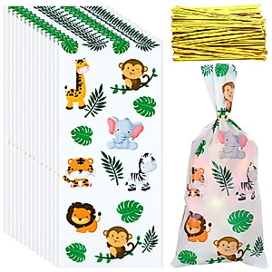 100 Pcs Jungle Animal Party Favors Bags Safari Animal Plastic Goody Treat Bags Safari Jungle Cellophane Gift Bags with Ribbons for Baby Shower Favors Jungle Theme Party Supplies for Birthday Party
