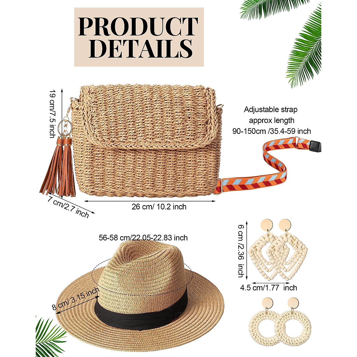 Glitopper 5 Pcs Women Beach Hat and Straw Crossbody Bag Rattan Earrings Sunglasses Summer Shoulder Bag for Summer Beach