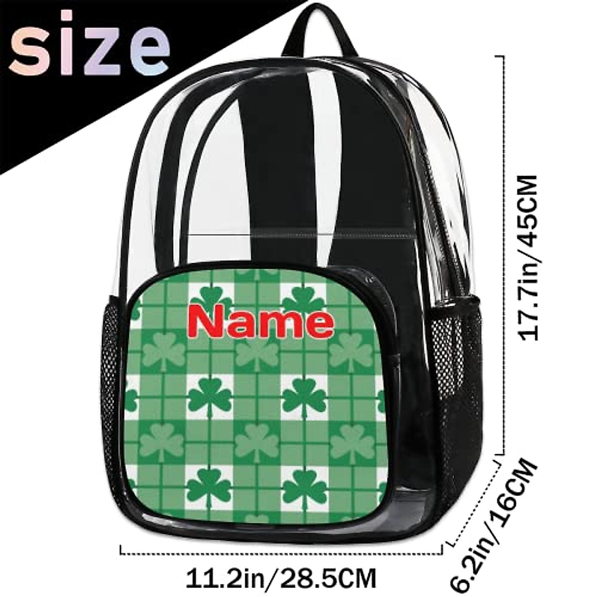 Herdesigns St Patricks Da Personalized Clear Backpack Plaid Lucky Clover Green Shamrocks Custom Large Clear Backpack Heavy Duty PVC Transparent Backpack with Reinforced Strap See Through Backpacks