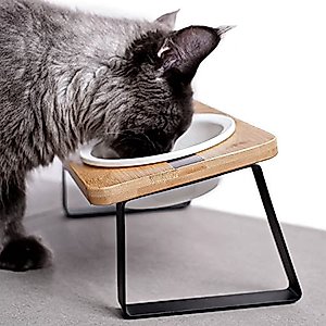 Elevated Cat Ceramic Bowls Stand for Food and Water, Small Dog, Anti Vomit, Indoor Cats, Tilted Feeding Position, Full Bamboo Body Stand with Food Grade, Whisker Friendly Dish for Cats and Puppy