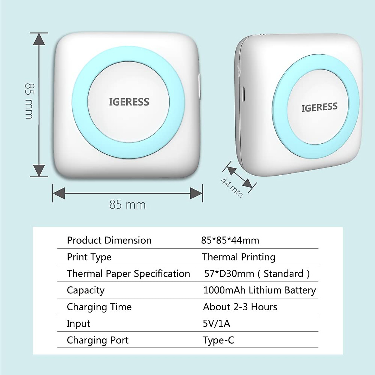IGERESS Mini Printer, Wireless Bluetooth Pocket Thermal Printer, Sticker Printer, Portable Notes Picture Printer Receipt Paper Printer Compatible with iOS and Android